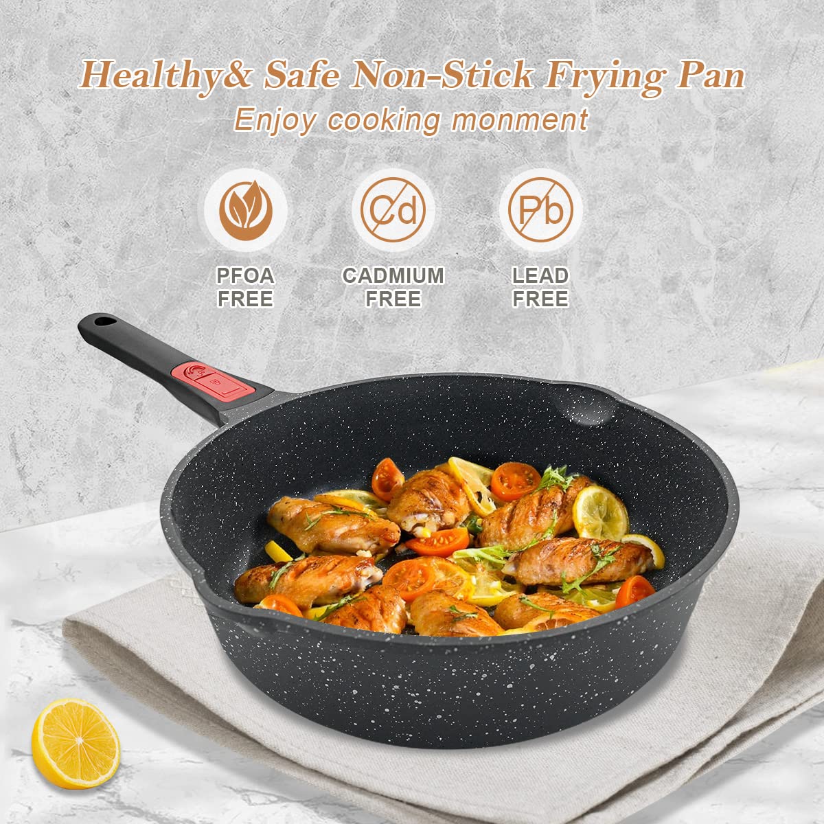 Bobikuke 5 Pcs Nonstick Deep Frying Pan Set with Removable Handle, 8/9.5/11 inch Non stick Skillets Set Coating Cookware with Universal Lid Compatible with All Stovetops, Oven& Dishwasher Safe