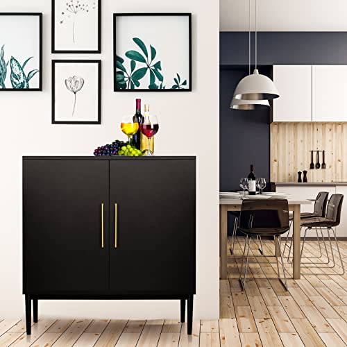 REHOOPEX Free Standing Cabinet, Accent Cabinet with Door, Modern Black Sideboard, Wooden Black Side Storage Cabinets for Bedroom, Kitchen,Home Office