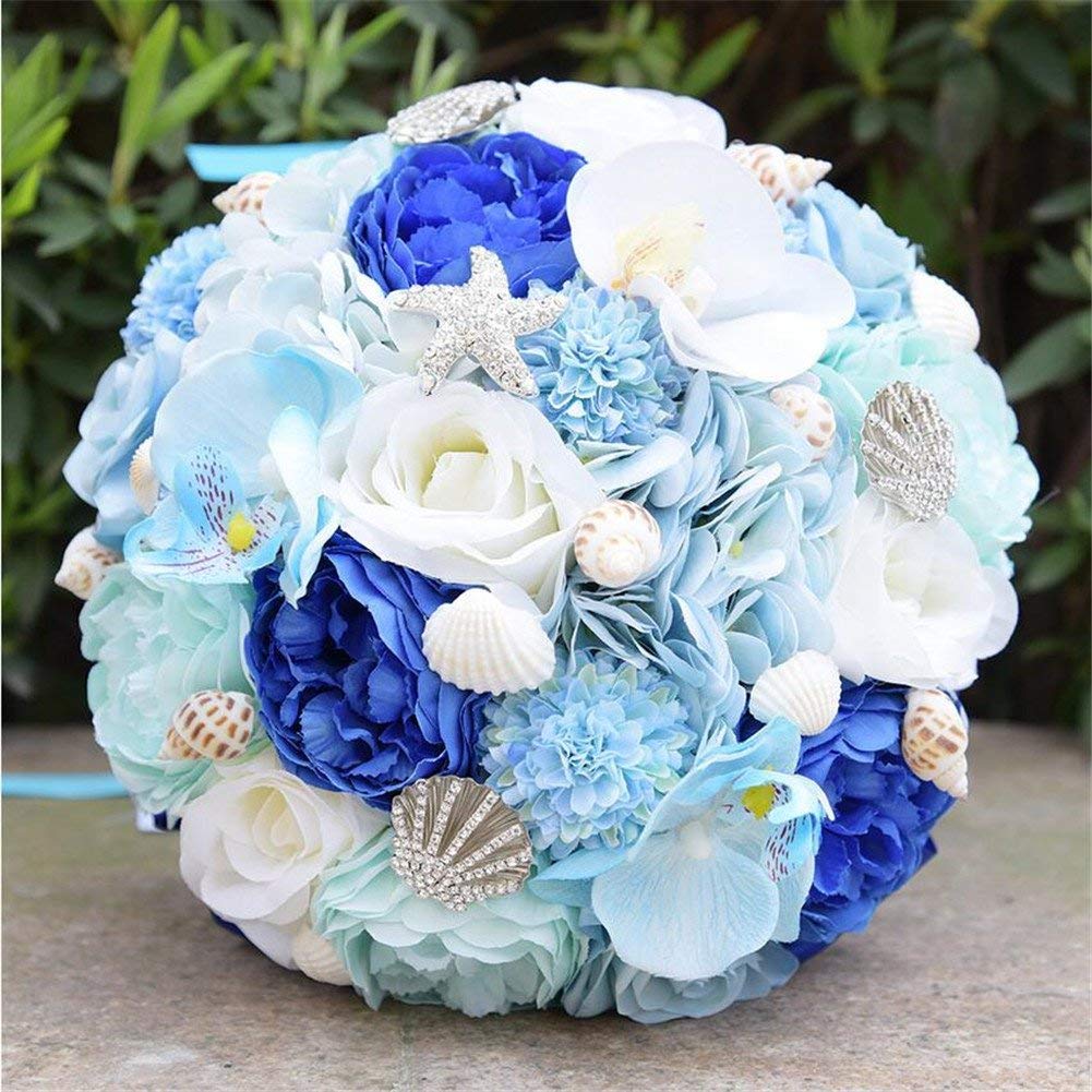 Wedding Bridal Bouquet Home Beach Seashell Wedding Bouquet Silk Roses Wedding Flowers Holding Tossing Flower Bride Rose Flowers Hydrangea Garden Bouquets Blue Beach Bouquet Starfish Bridal Bouquet