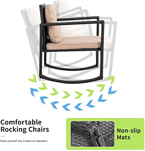 FDW Rocking Wicker Patio Furniture Modern Conversation Sets with Coffee Table for Yard and Bistro, Black