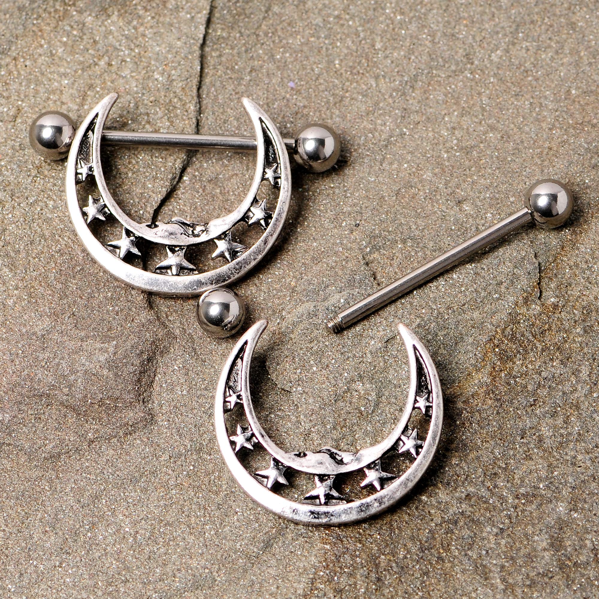 Body Candy 14G Womens Nipplerings Piercing 316L Steel 2Pc Crescent Moon Star Nipple Shield Set 7/8"