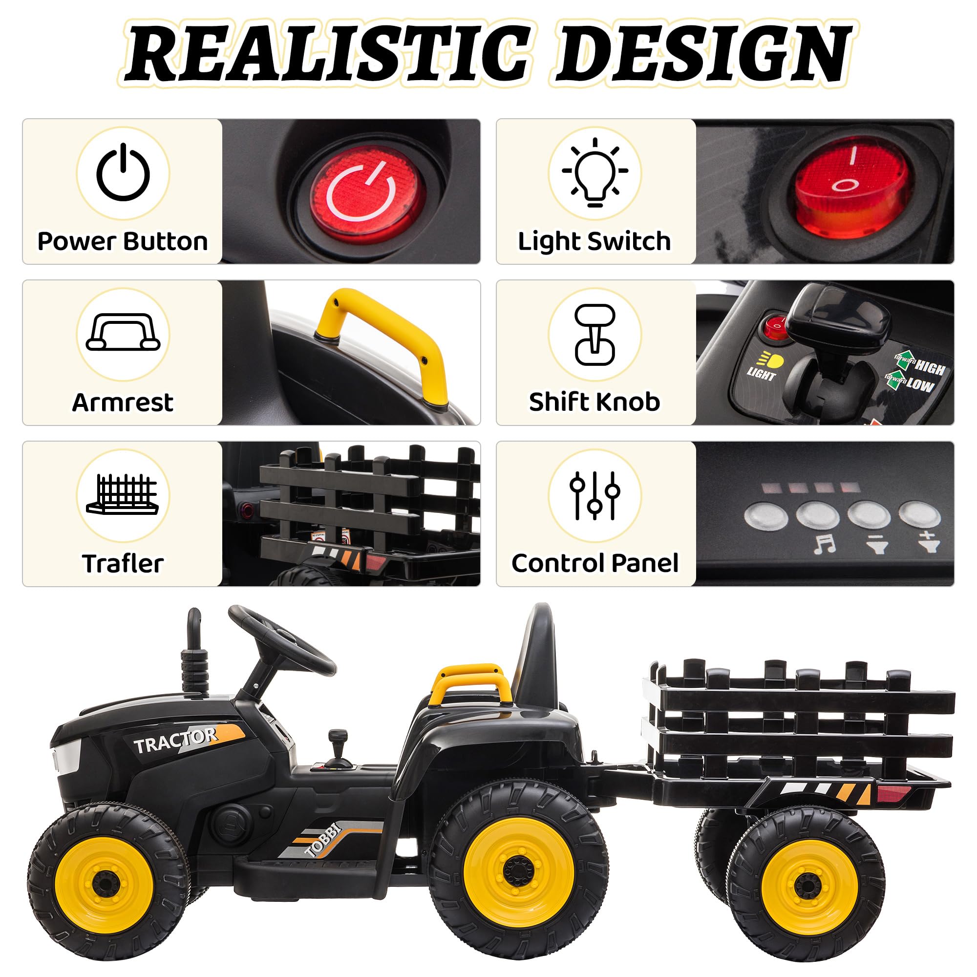 TOBBI Kids Electric Ride On Toy Tractor, 12v Battery-Powered 4 Wheels Ride On Car with Trailer for Toddlers 3-6 Years-Black