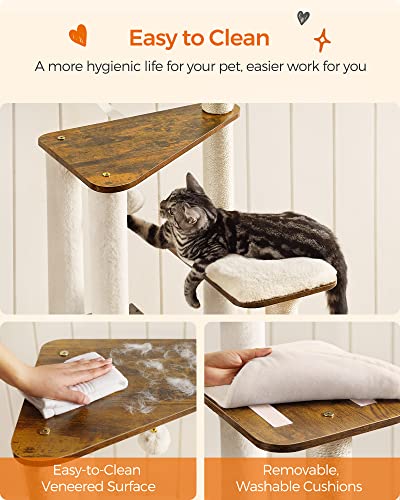 Feandrea WoodyWonders Cat Tree, 65-Inch Modern Cat Tower for Indoor Cats, Multi-Level Cat Condo with 5 Scratching Posts, Perch, Washable Removable Cushions, Cat Furniture, Rustic Brown UPCT166X01