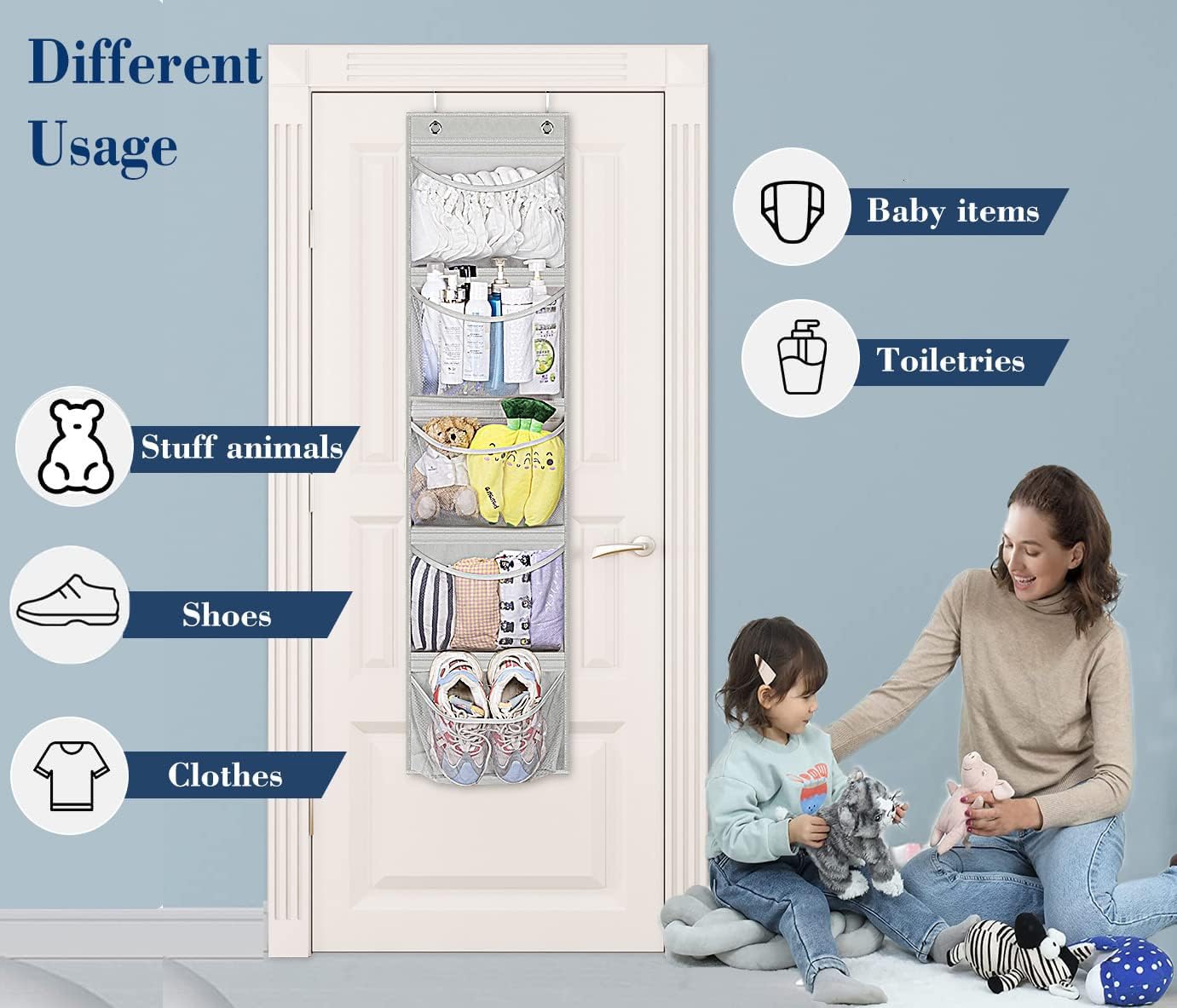 KEETDY Over The Door Organizer Storage for Closet with 5 Pockets Organizer for Bedroom Bathroom, 2 Pack