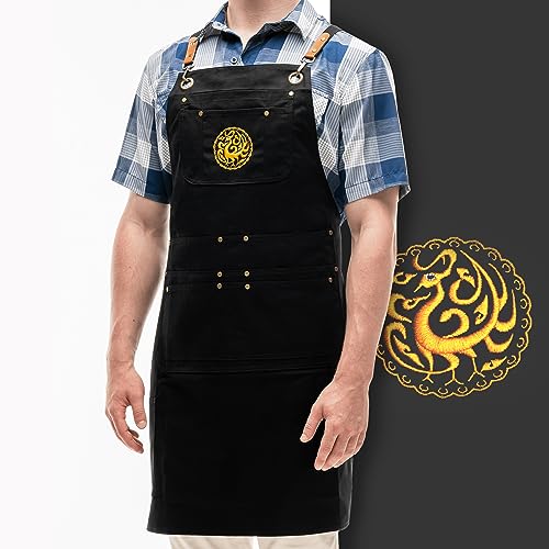 Royal Quisine Chef Apron β Cotton Aprons for Men and Women β Professional Cooking Apron for BBQ, Barista, Chef, Gardener β Comfortable Waist Apron with X-Shaped Straps β Korean Embroidery