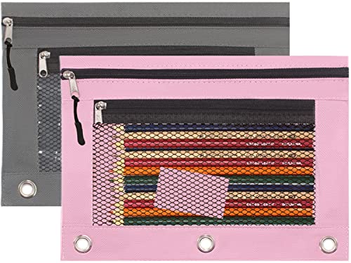 Pencil Pouch for 3 Ring Binder, 2 PCS Double Layer Binder Pencil Case with Zipper Puller, Transparent PVC Mesh Window Oxford Pencil Holder 3 Ring Binder Pencil Cases, Smooth Metal Zipper Pencil Pouches Set for School& Office Supplies