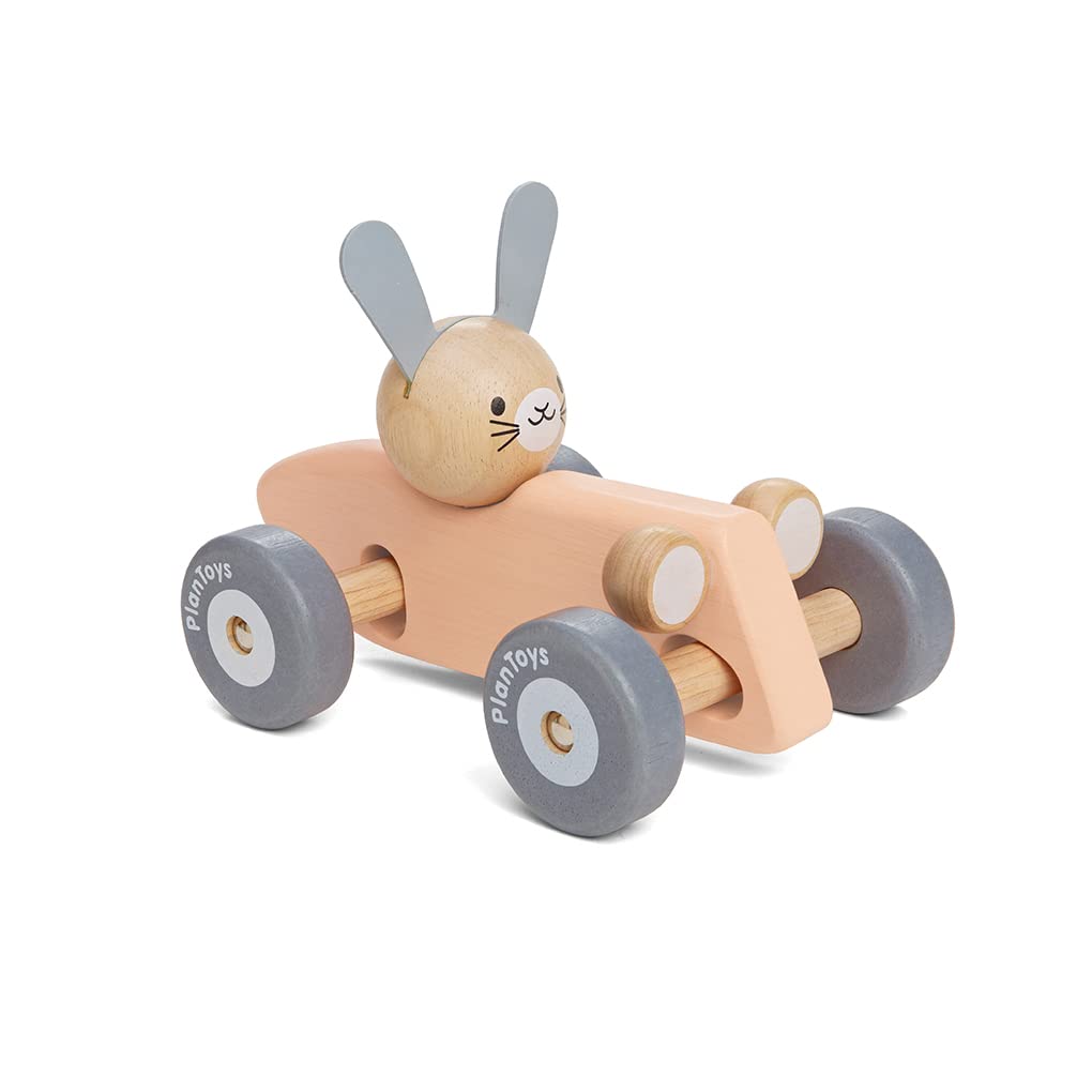 PlanToys Wooden Bunny Rabbit Racing Car with Vintage Car Theme (5717) | Pastel Color Collection |Sustainably Made from Rubberwood and Non-Toxic Paints and Dyes