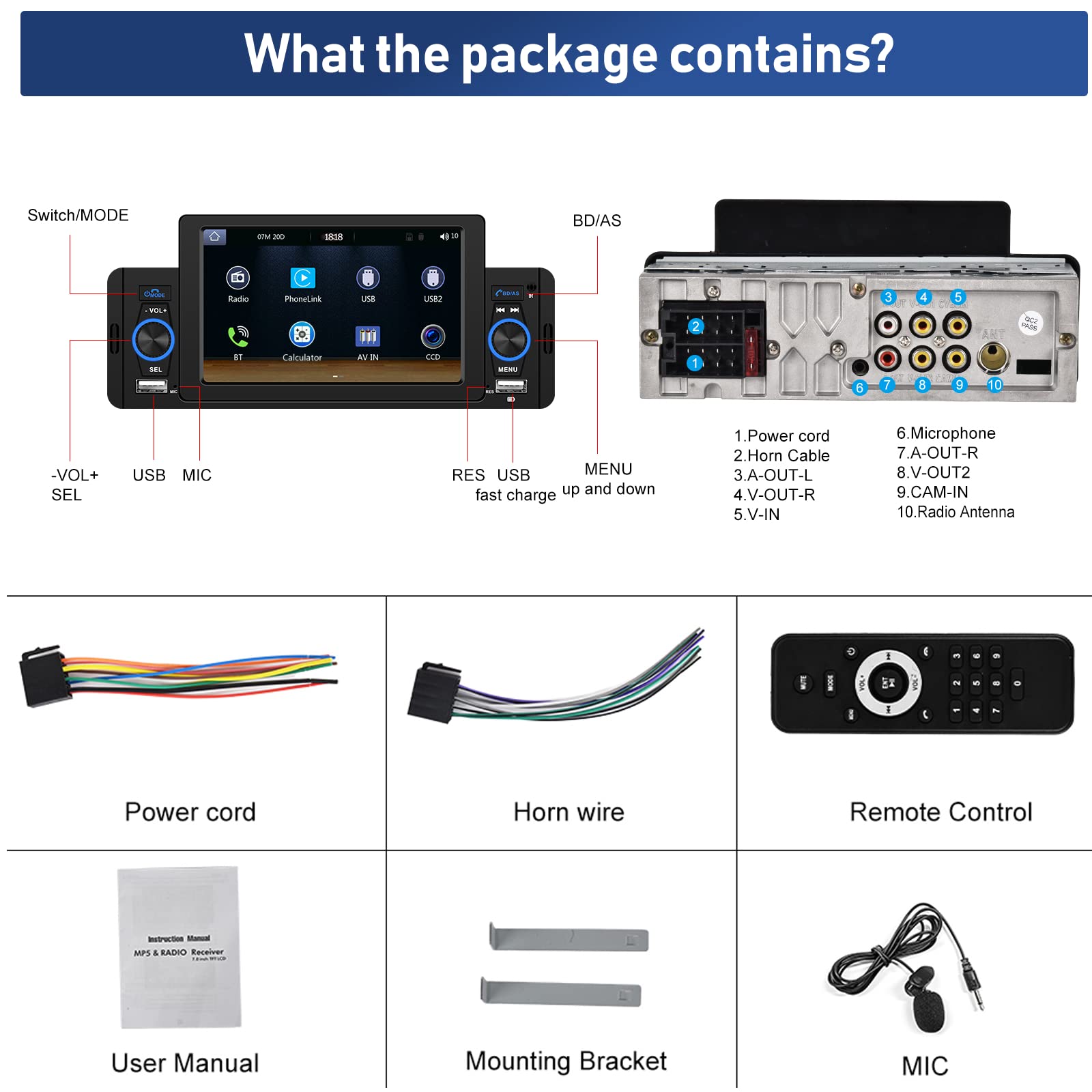 CAMECHO Single Din Car Stereo with Apple Carplay Android Auto, 5 Inch HD Touchscreen Radio Bluetooth FM, Mirror Link, Backup Camera Input, Remote Control, Fast Charging, USB Input, Car Audio