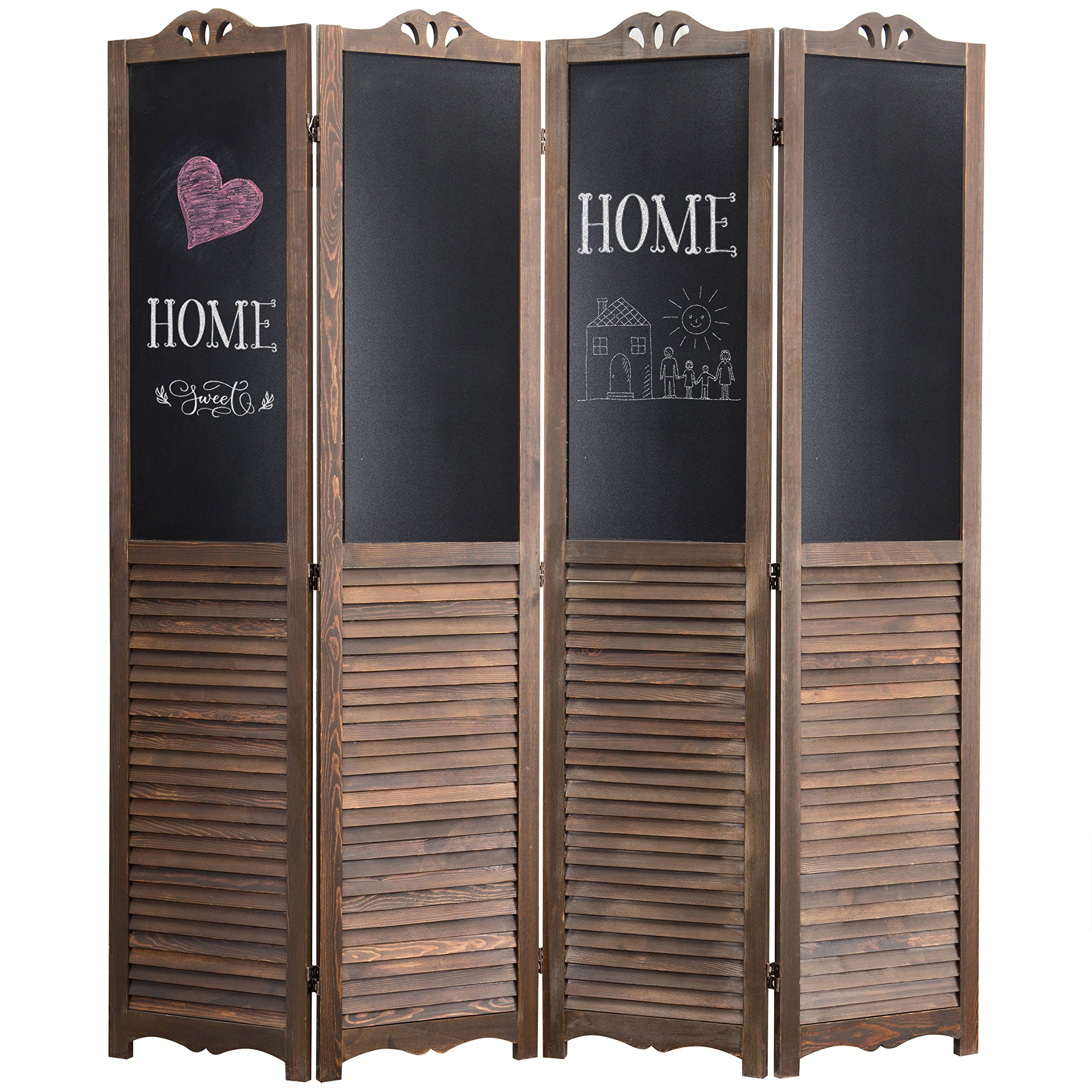 MyGift 4 Panel Rustic Dark Brown Wood Folding Room Divider Decorative Semi Private Screen with Chalkboard Panels and Two Way Hinges