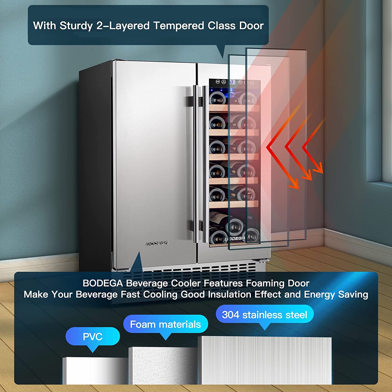 BODEGA 24 Inch Beverage and Wine Cooler, Built-in and Freestanding Wine Beverage Refrigerator Dual Zone, Holds 57 Cans and 18 Bottles, with Independent Temperature Control,Upgraded Compressor Quiet