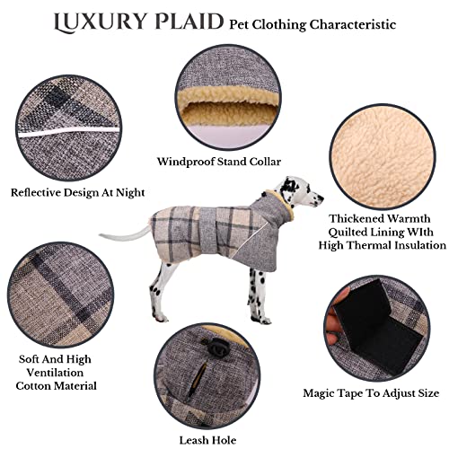 ROZKITCH Dog Coat Winter Jacket Reflective Cold Weather Fleece Coats Vest, Pet Thick Warm Windproof High Collar Clothes Outfits for Small Medium Large Dogs, British Plaid Dog Apparel with Leash Hole