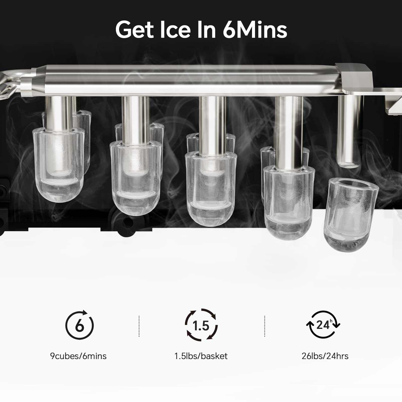 Crzoe Ice Makers Countertop, Ice Machine with Handle, 26Lbs in 24Hrs, 9 Cubes Ready in 6 Mins, Self-Cleaning Portable Ice Maker, 2 Sizes of Bullet Ice Cubes for Home and Office