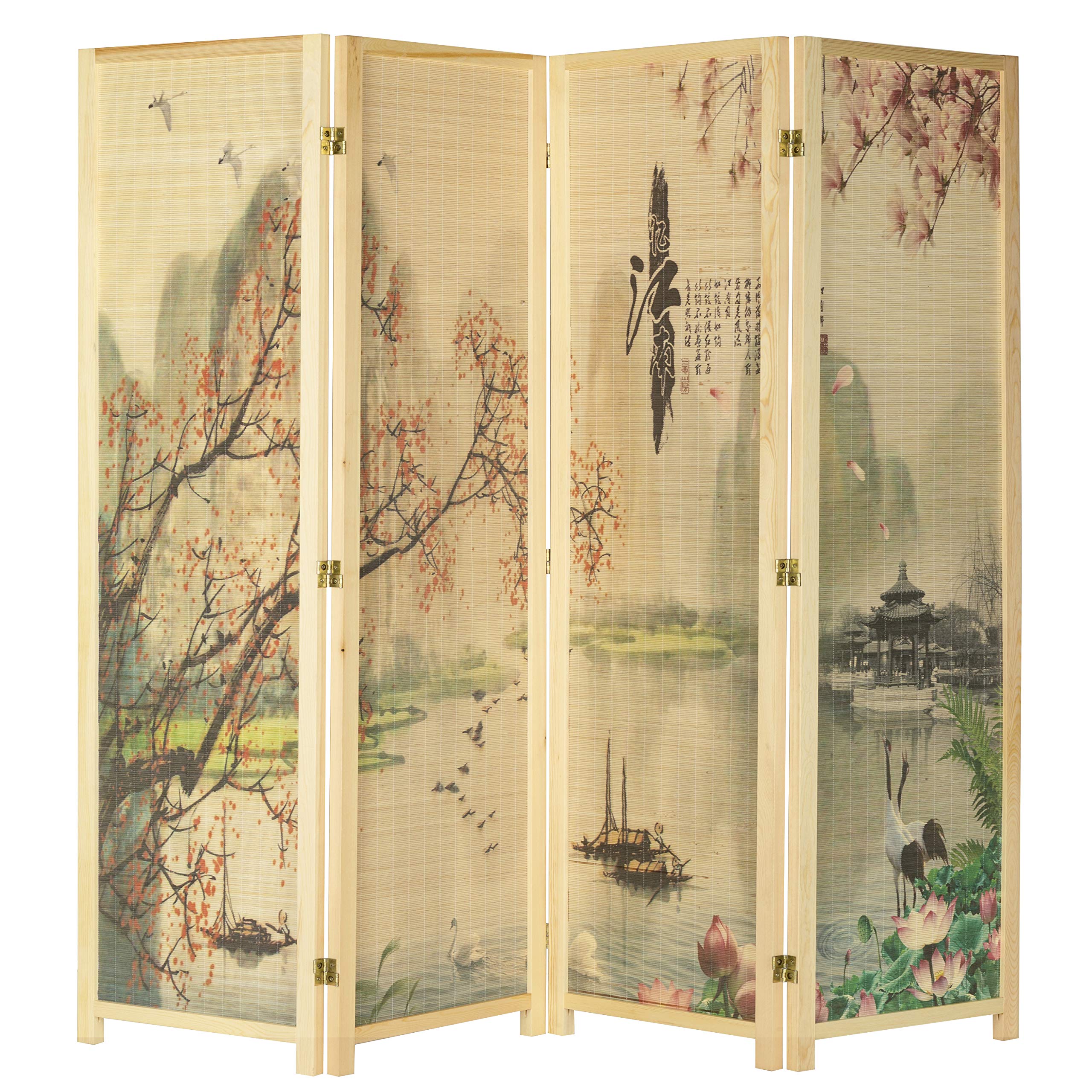 MyGift Decorative 4-Panel Folding Bamboo Room Divider Asian-Inspired Cherry Blossom Scene, Freestanding Floral Artwork Room Partitioner with Beige Wood Frame