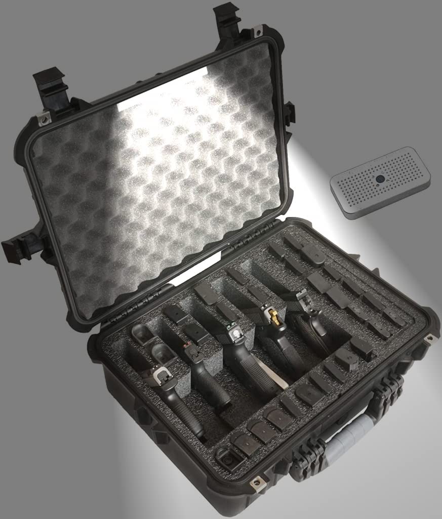 Case Club 5 Pistol & (up to) 30 Magazine Case with Accessory Pocket and Emergency Light - Pre-Cut, Heavy Duty, Waterproof, with Silica Gel for Gun Rust Prevention (Upgraded Gen-2)
