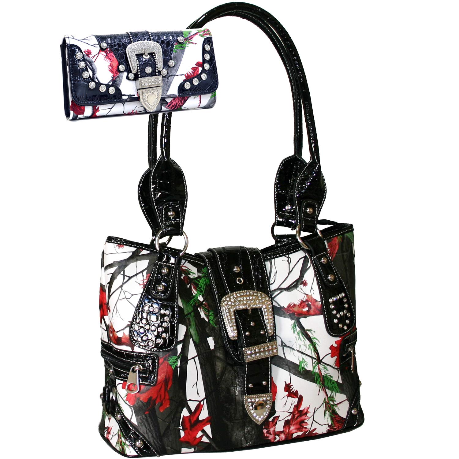 Western Purse Rhinestone Buckle Accent Handbag & Matching Wallet Set - Red/Black/White