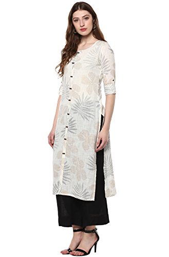 Janasya Indian Women's Tunic Tops Cotton Kurti for Women(JNE2171-KR-437-M) Off-White