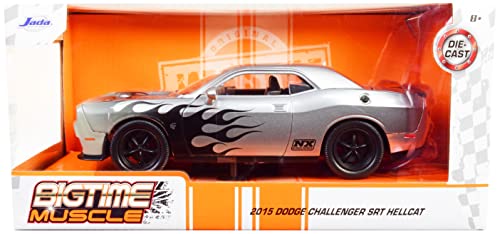 Jada Toys Big Time Muscle 1:24 2015 Dodge Challenger SRT Hellcat Die-cast Car Silver/Black Flames, Toys for Kids and Adults