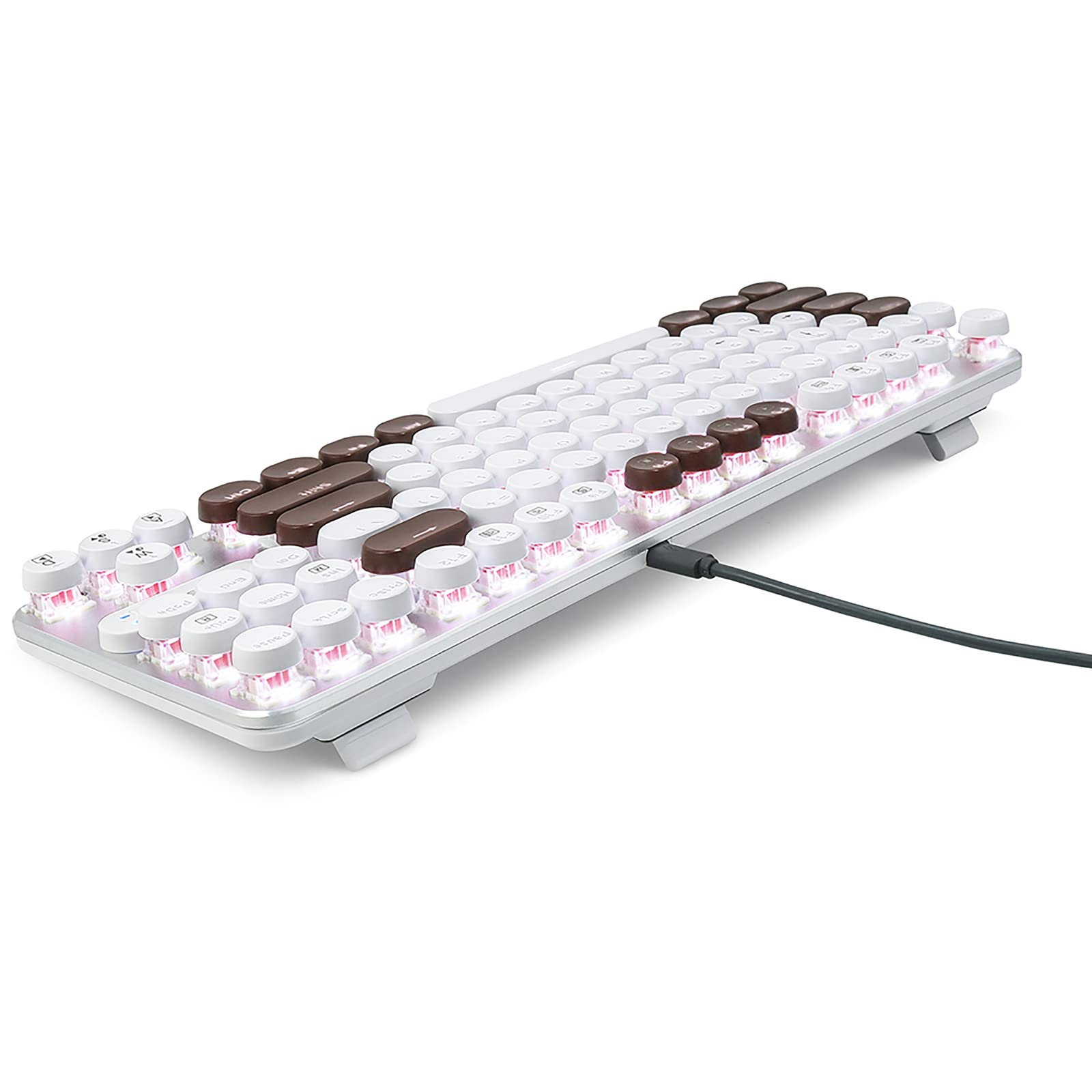 DEANEEK Typewriter Style Mechanical Keyboard 87 Key Retro Punk Round Keycap LED Backlit USB Wired Gaming Keyboards with White LED Backlit, Round Keycaps for Windows/Mac/PC (Red Switch)