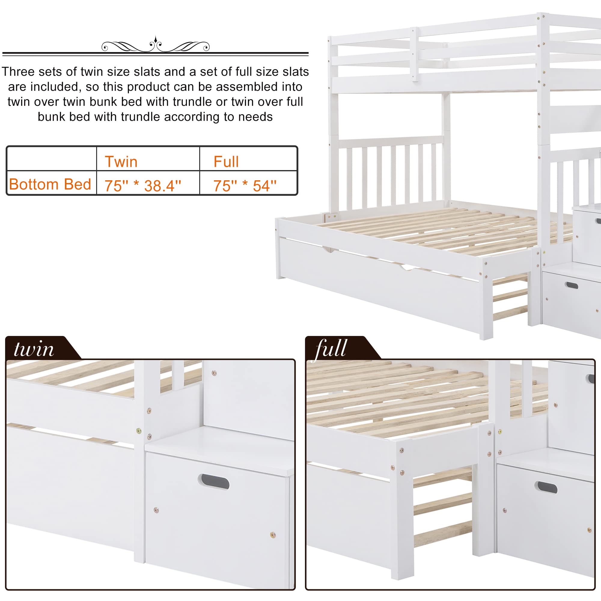 Harper & Bright Designs Stairway Twin Over Twin/Full Bunk Bed with Twin Size Trundle and Drawers, Solid Wood Bunk Bed Staircase Can be Placed on The Left or Right Side (White)
