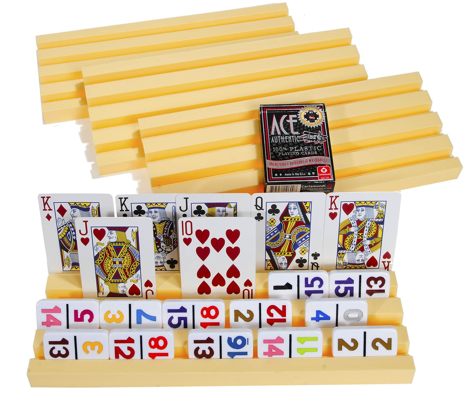 Plastic Trays / Racks for Dominoes OR Playing Card _ Dual Use _ Set of 4 _ Bonus 1 Deck of Ace 100% Plastic Playing Cards (Random backing color of Red or Blue)