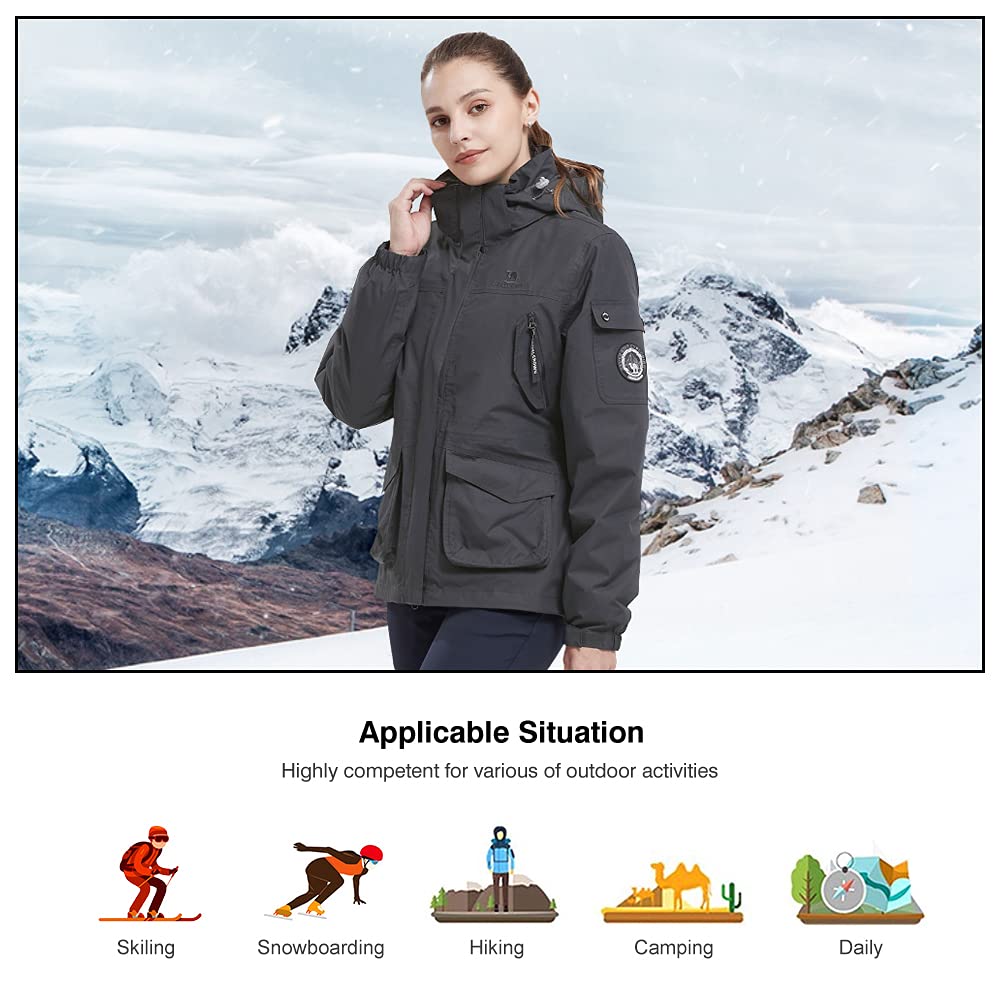 CAMEL CROWN Womens Waterproof Ski Jacket 3-in-1 Windbreaker Winter Coat Fleece Inner for Rain Snow Outdoor Hiking(Dark Grey, Medium)