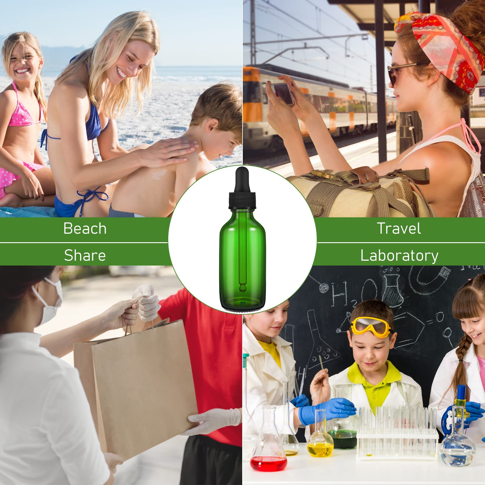 Epakh 100 Pack Glass Dropper Bottles, 2 oz Tincture Vials with Eye Droppers for Essential Oils, Liquids, Leakproof Travel Bottles (Green)