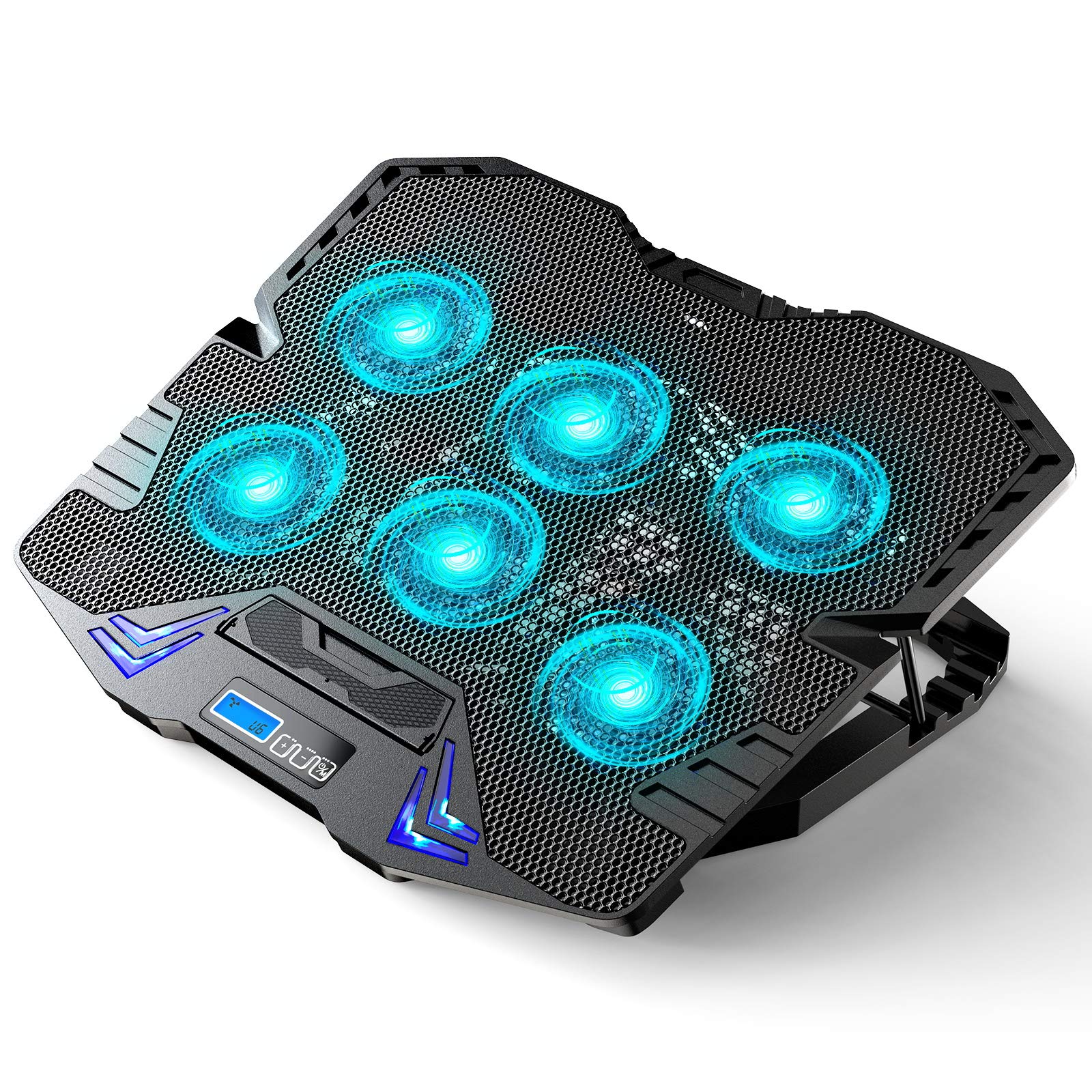Gaming Laptop Cooling Pad, Adjustable Laptop Cooler Cooling Pad with 6 Quiet Blue LED Fans, Laptop Fan Cooling Pad for 15.6-17.3 Inch Laptop, Cooling Fan for Laptop with Dual USB Ports & 1 Cable