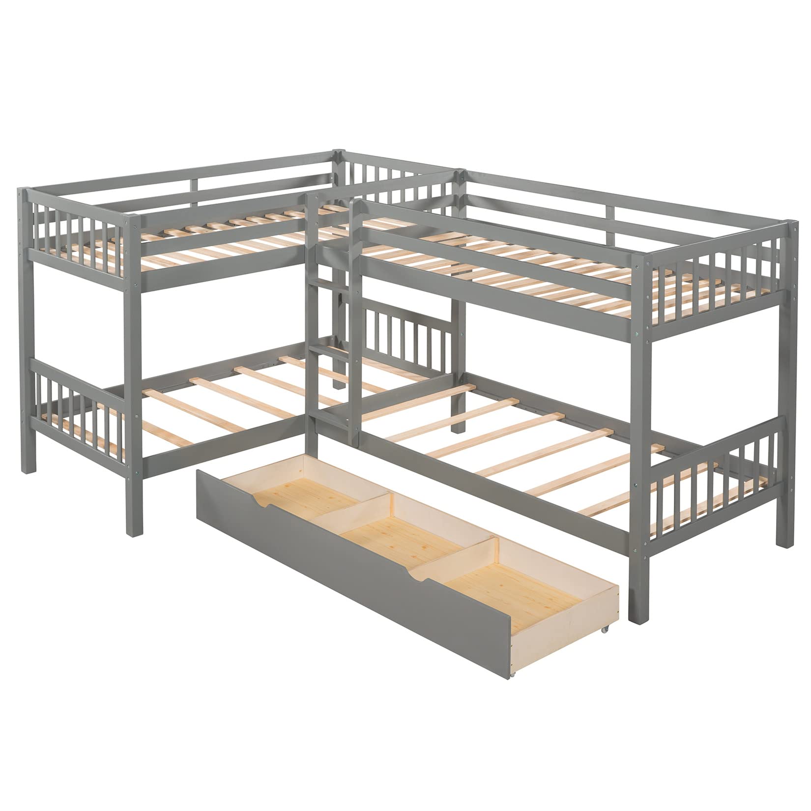 L-Shaped Bunk Bed with Drawers, Bunk Bed for 4 Twin Over Twin for Boys Girls Kids Teen Wood Quad Bunk Beds Frame, Gray