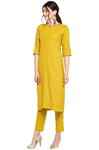Janasya Indian Women's Mustard Poly Crepe Kurta With Pant And Dupatta(SET197-KR-NP-L)