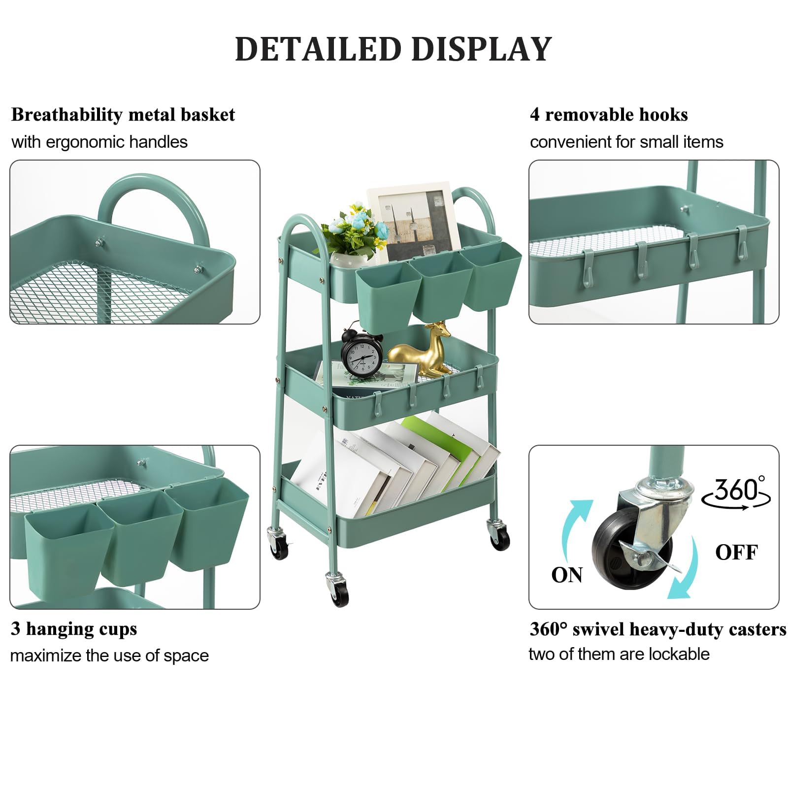 danpinera 3-Tier Rolling Cart, Metal Rolling Storage Cart with Lockable Wheels & Hanging Cups & Hooks, Mobile Trolley Cart for Kitchen, Bathroom, Office, Workshop, Green