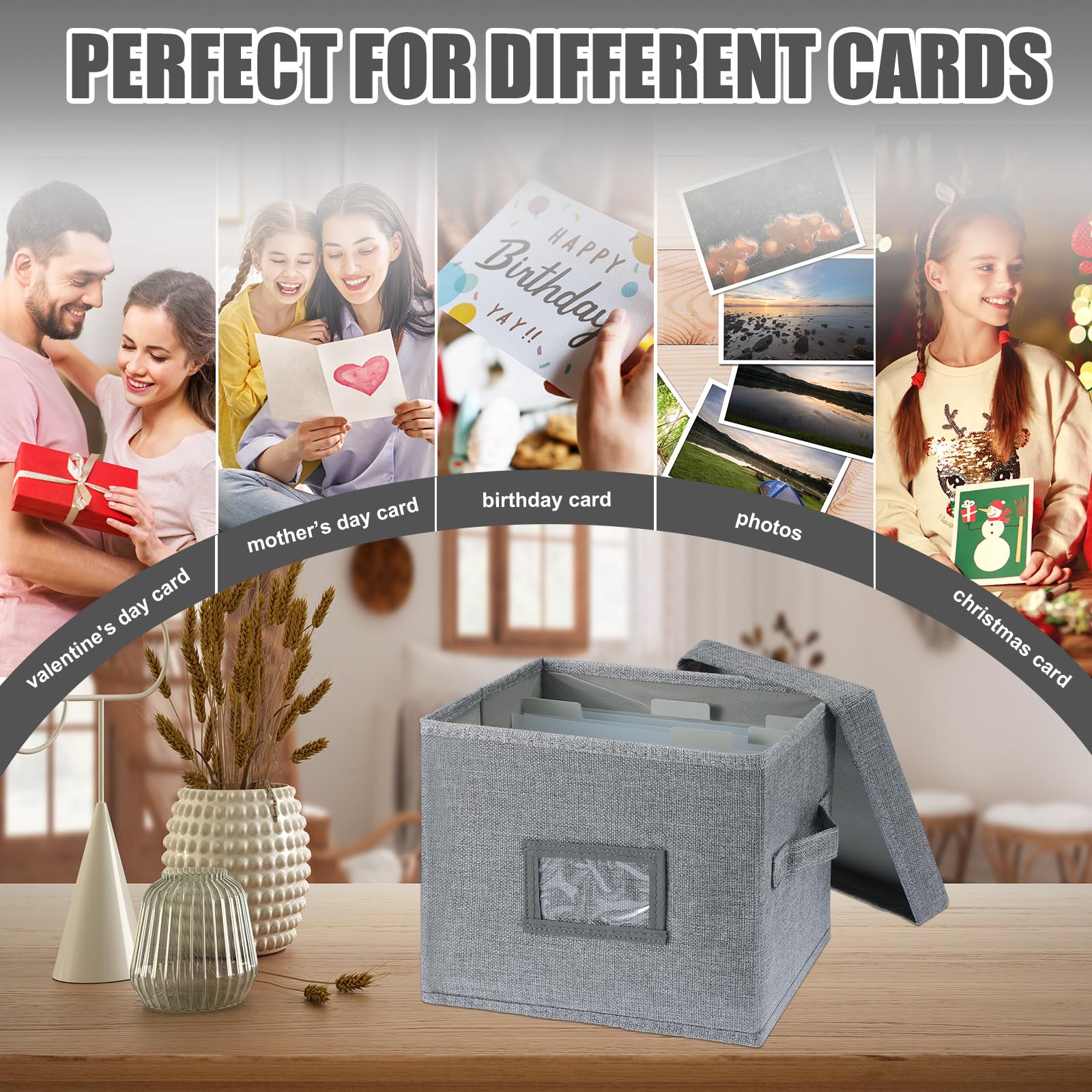 Dandat 2 Pcs Greeting Card Organizer Box with 30 Dividers Portable File Storage Box with Lid and Side Handle Stationary Organizer Box with Label Stickers for Storing Cards Envelope Photo(Gray)