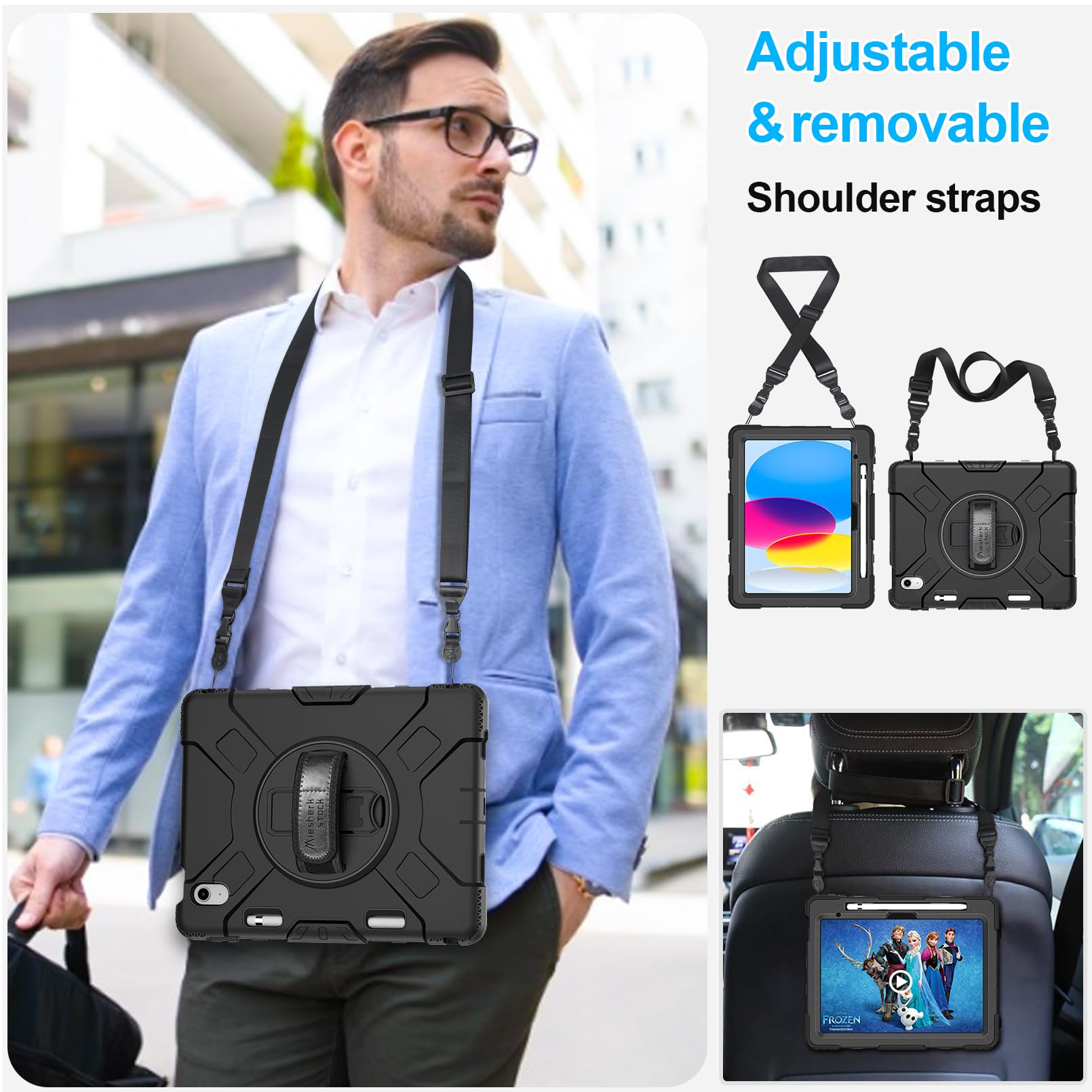 Case for iPad 10th Generation 2022: Military Grade Silicone Protective Cover for iPad 10th Gen 10.9 Inch W/Screen Protector- 360° Rotatable Stand- Shoulder Strap- Handle Pencil Holder Black