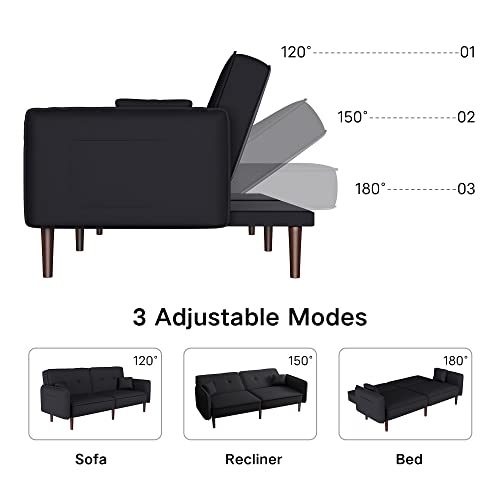 FIQHOME Loveseat, Convertible Sleeper Magazine Bag,Futon Sofa Bed with Solid Wood Leg in Black Fabric for Living Room Bedroom Dorm Apartment Studio