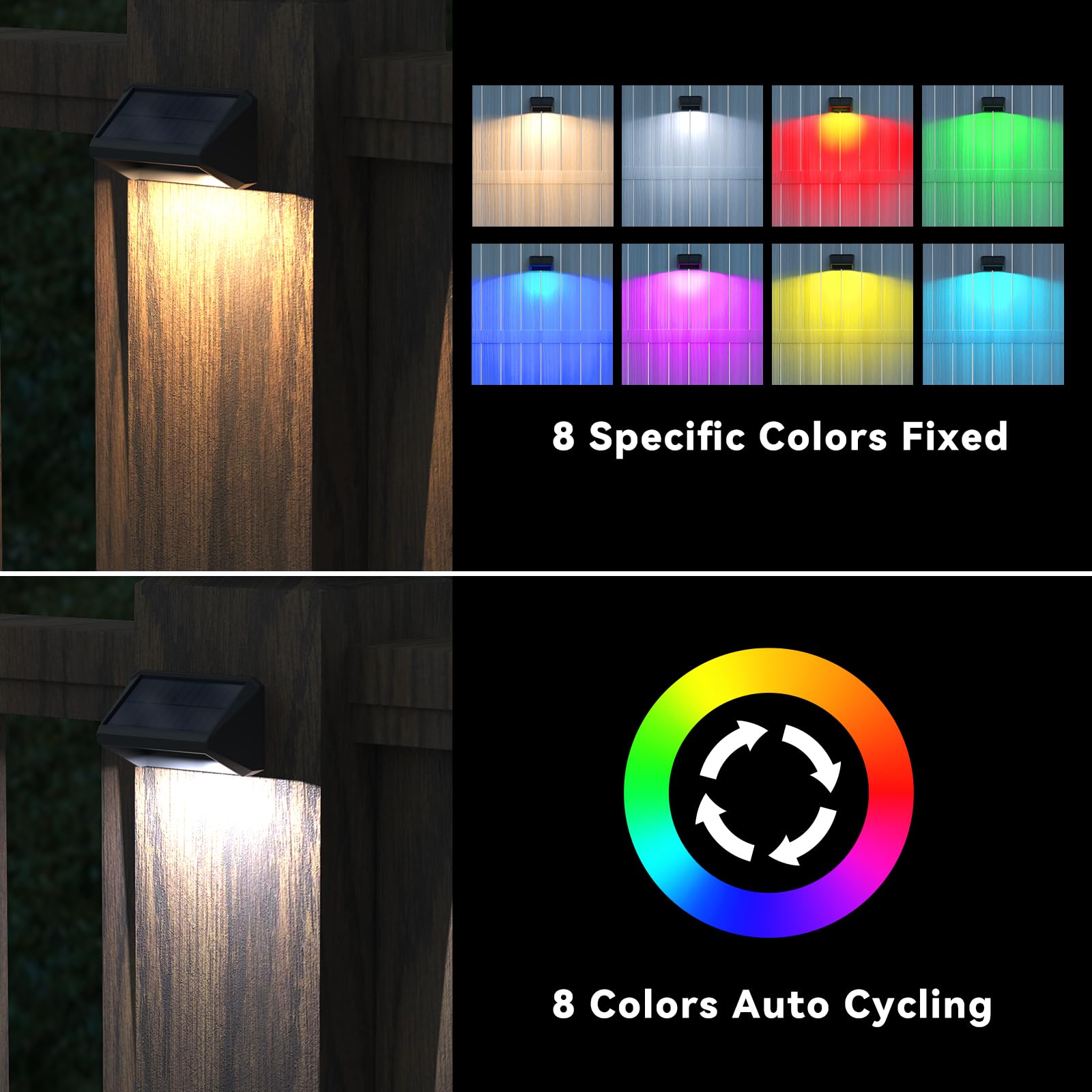 Bridika Solar Fence Lights 8 Colors, Warm White, Cool White and RGB, Bright Deck Lights Solar Outdoor Waterproof, Dusk to Dawn Fence Lights for Backyard, Patio, Railing, Wall, Step (12 Pack)