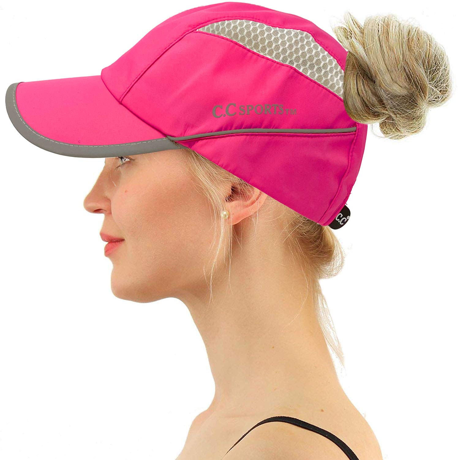 C.C Sports Active Ponytail Messy Buns Ponycaps Baseball Visor Cap Dad Hat (Hot Pink/White)