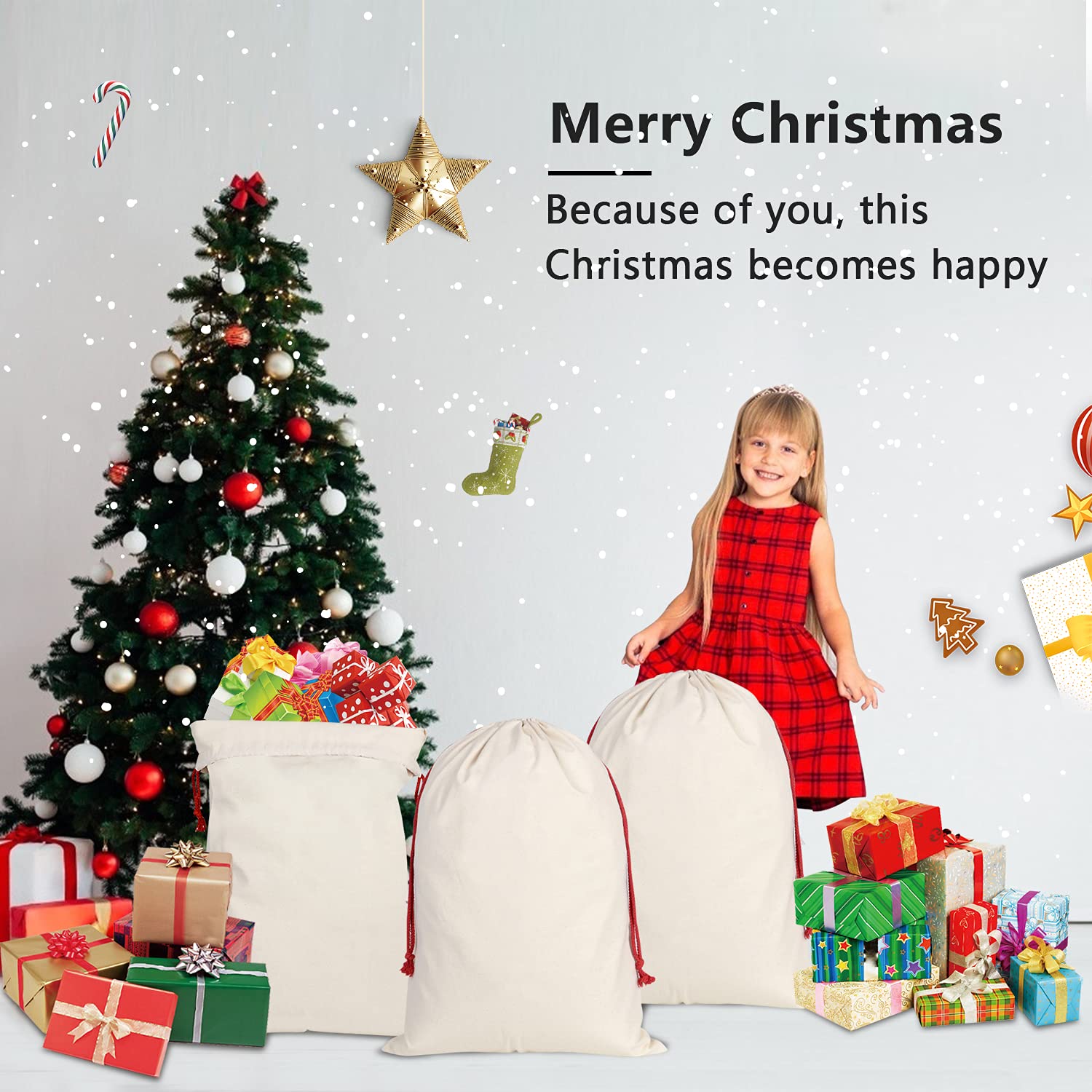Inspireyee 6 Pack Large Christmas Bag Santa Sacks Xmas Canvas Cotton Xmas Sack Stocking with Drawstrings (Pattern 7, 19.5 X 27.5)