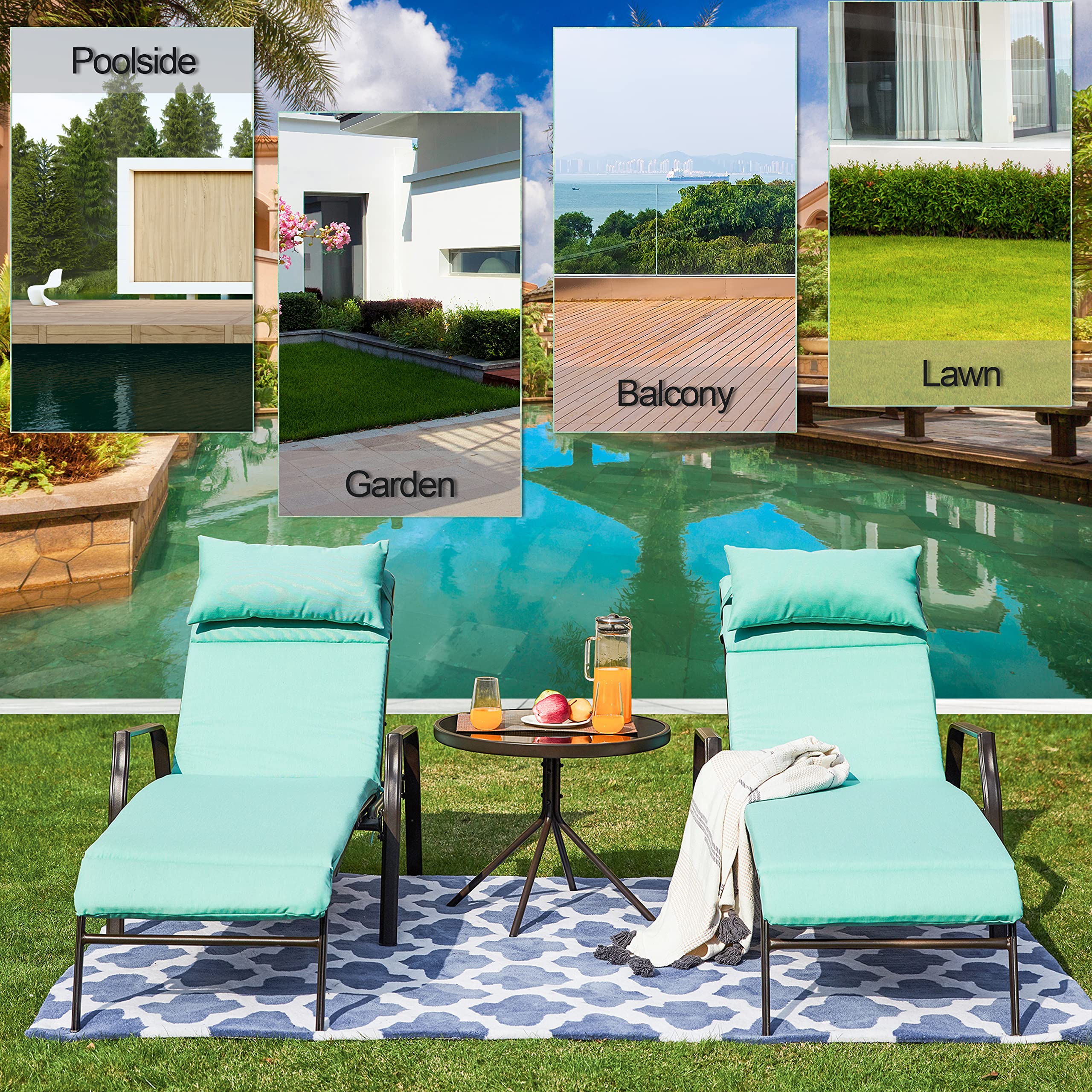 LOKATSE HOME 3 Pieces Outdoor Patio Chaise Lounge Chair Lounger Seating Furniture Set with Cushions and Table, Light Blue