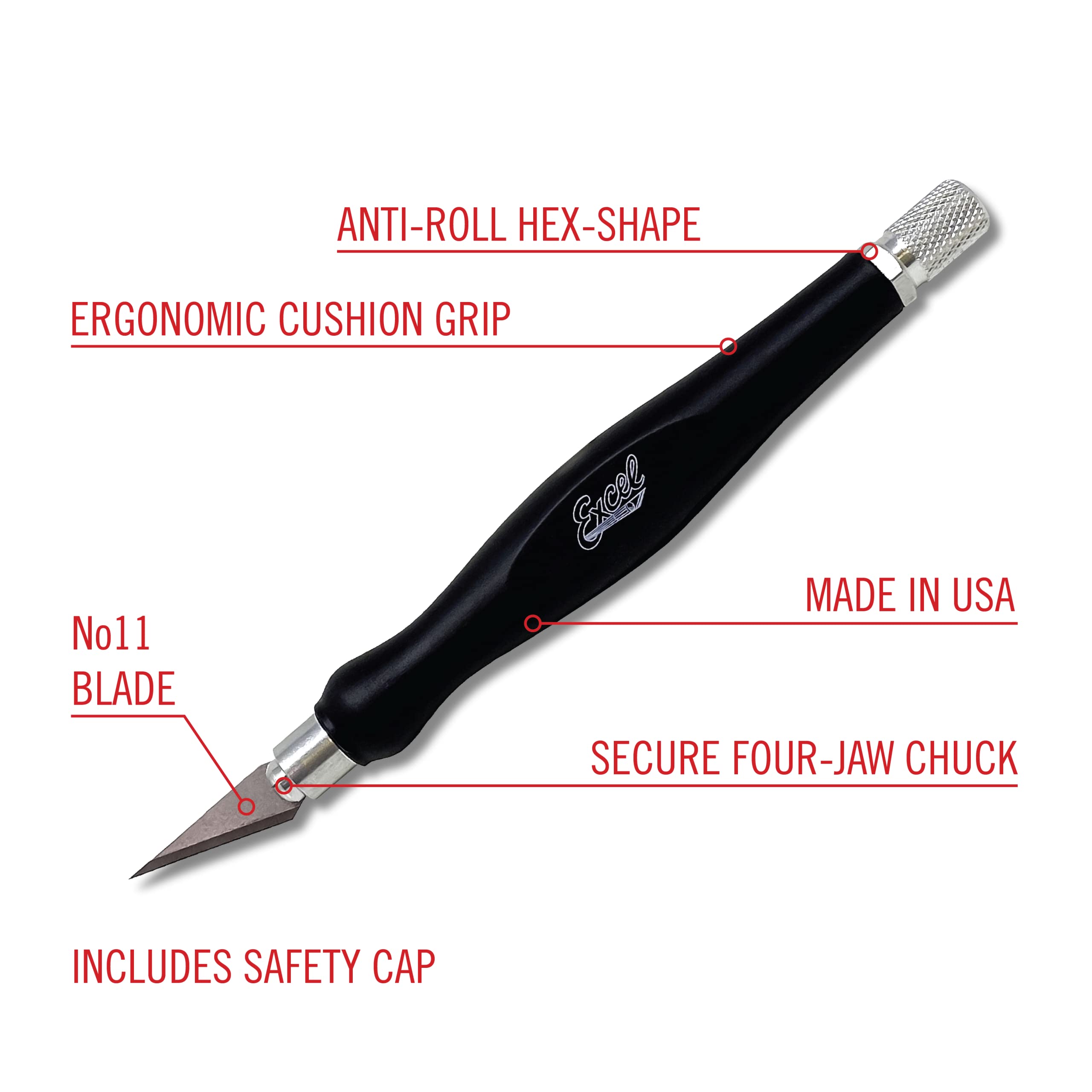 Excel Blades Fit Grip Knife. Ultra Sharp Knife with Carbon Steel Angled Edge Blade & Contoured Rubberized Grip, Made in the USA, Light Duty Cutting Tool for Precision Cutting & Trimming, Black, 3 Pack
