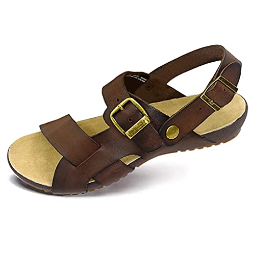 Harssidanzar Mens Leather Sandals Adjustable Ankle Strap sandals GM205,Brown,Size 9