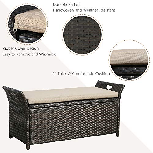 Patio Storage Bench for Outside Outdoor Furniture Wicker Deck Box with All-Weather Cushion, Beige