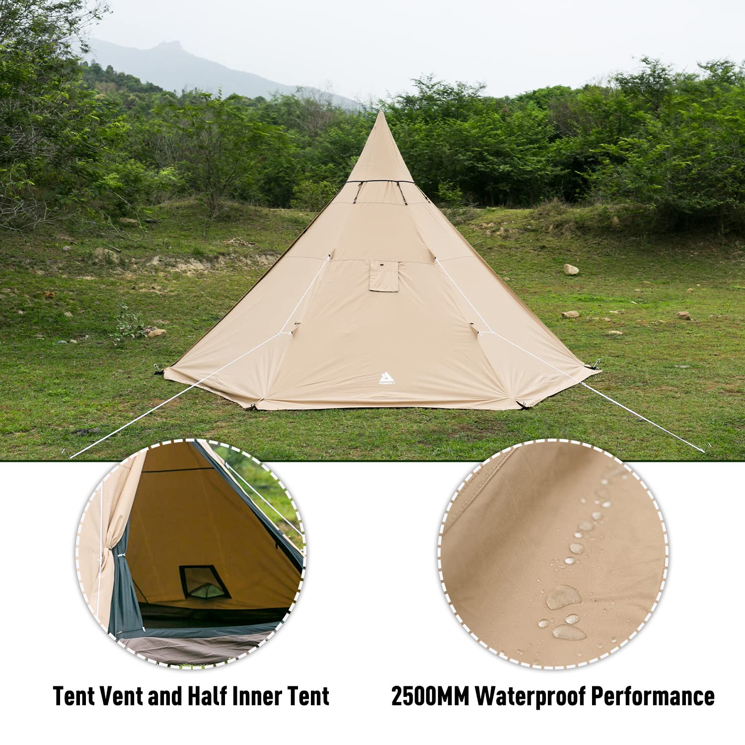 Canvas Hot Tent Tipi Tent Camping Teepee with Stove Jack Canvas Bell Tent 2-4 Person Yurt Tent -YARN Plus (Khaki)