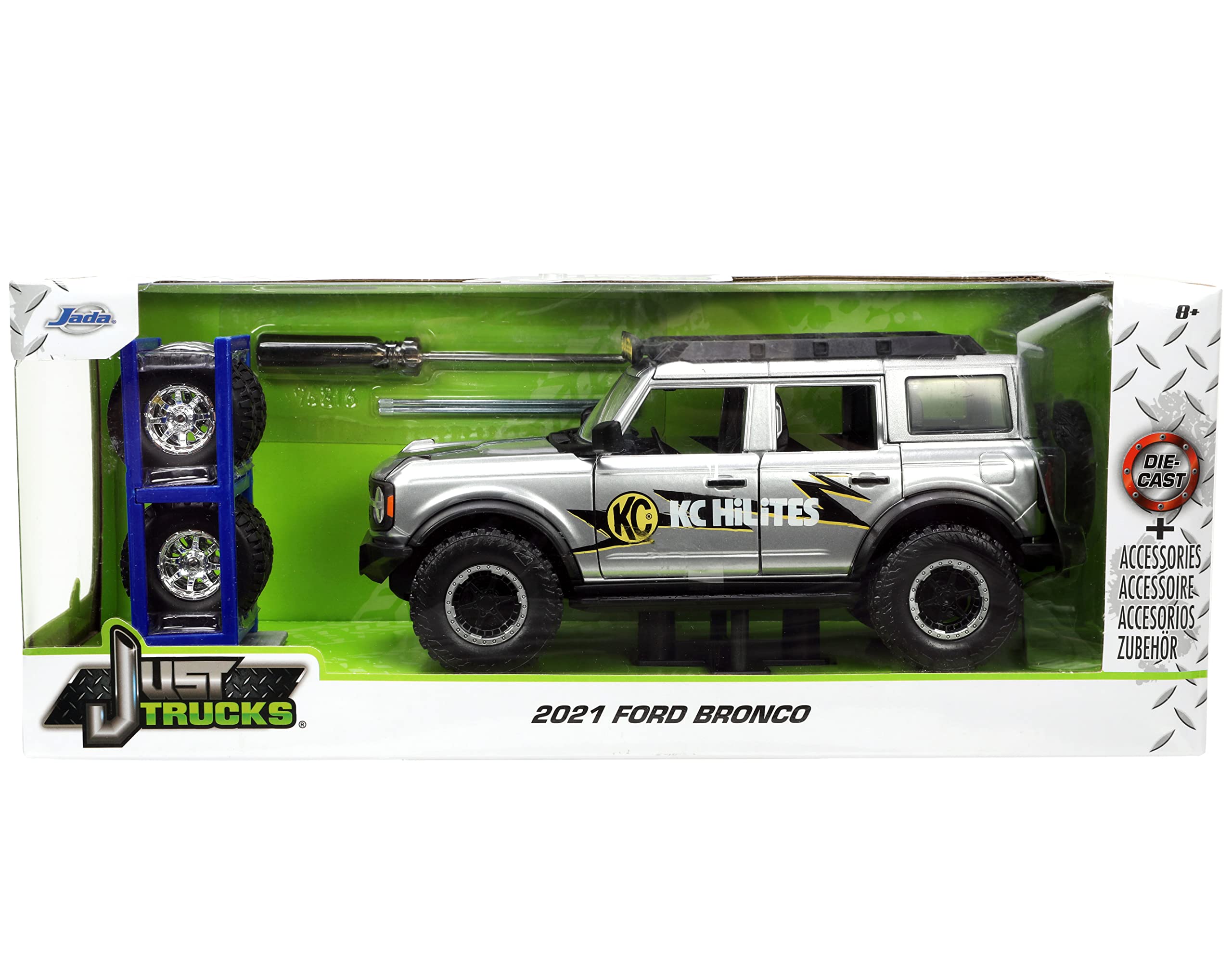 Jada Toys Just Trucks 1:24 2021 Ford Bronco Die-cast Car Gray with Tire Rack, Toys for Kids and Adults