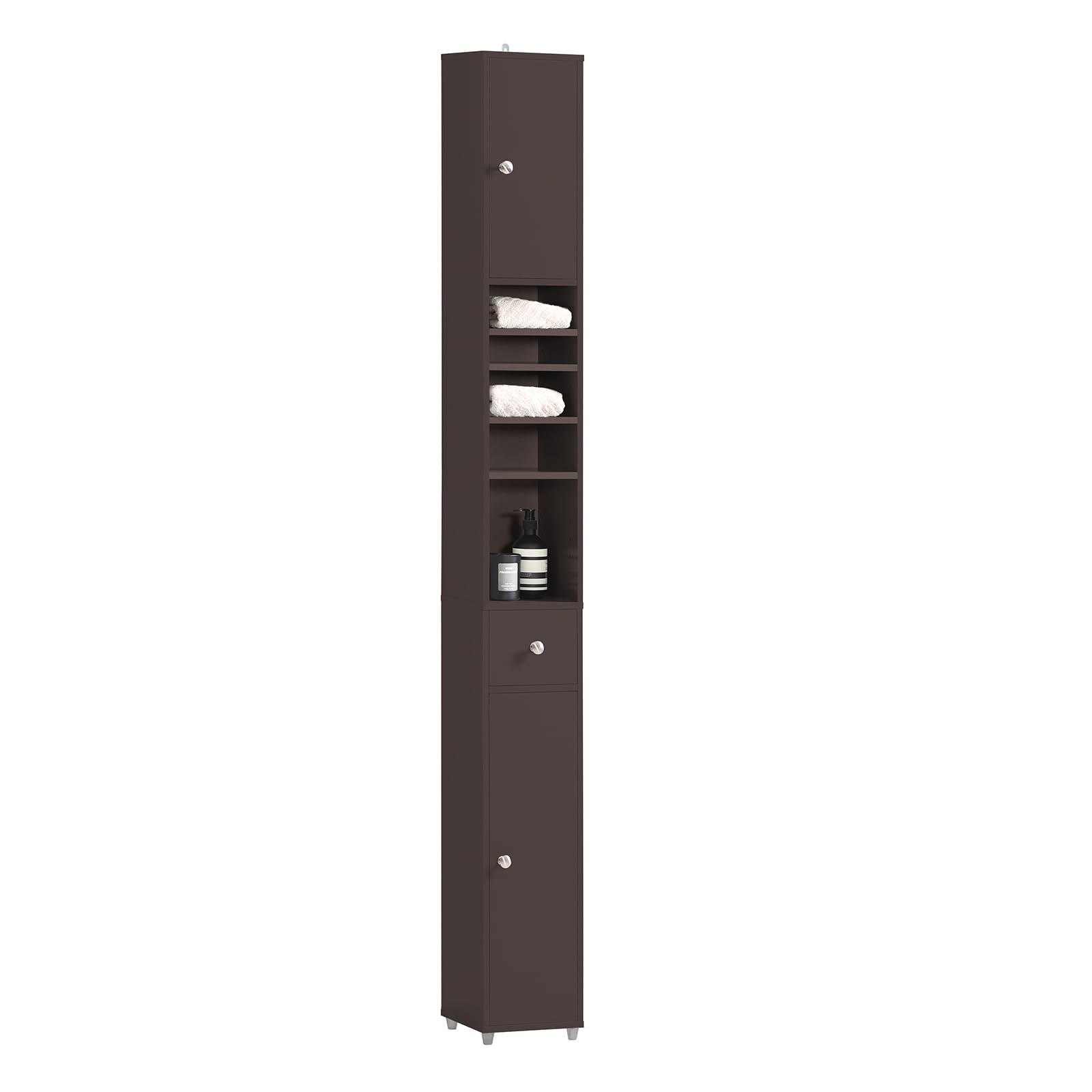 Haotian Bathroom Tall Cabinet with 1 Drawer, 2 Doors and Adjustable Shelves, Bathroom Shelf, Bathroom Tall Cabinet Cupboard for Bathroom, Living Room, Kitchen, Brown BZR34-BR
