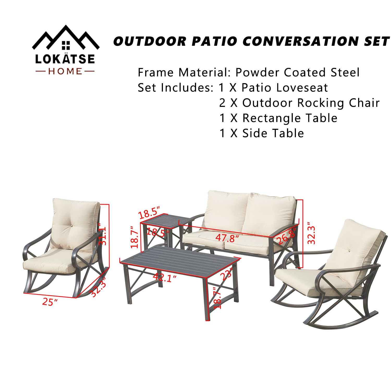 LOKATSE HOME 5 Pieces Outdoor Loveseat Set Rocking Chairs Patio Conversation Furniture Metal Bench with Cushion & Coffee Table, Khaki
