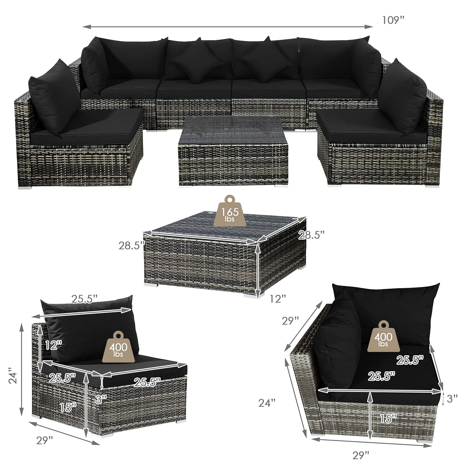 PATIOJOY 7-Piece Patio Furniture Set, Outdoor Sectional PE Rattan Sofa Set with Cushions and Tempered Glass Coffee Table, All-Weather Conversation Set for Backyard (Black)