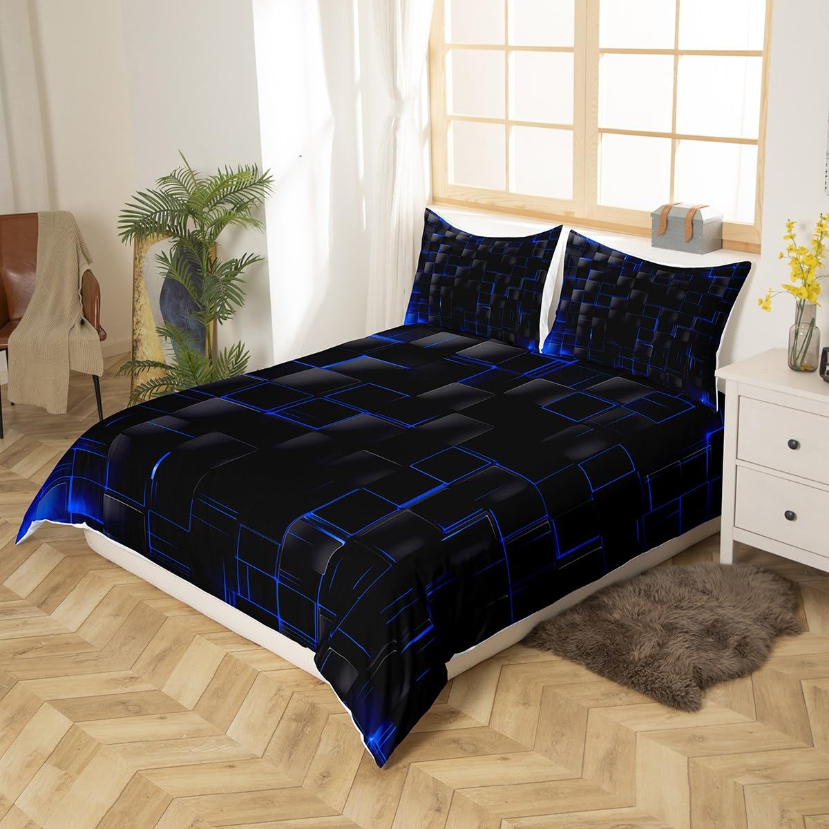 Geometric Grid Duvet Cover Set Queen Size, Royal Blue and Black Checkered Bedding Cover, Men Women Room Decor, Modern Abstract Check Plaid Square Bed Sets for All Season, 2 Pillowcases, No Comforter