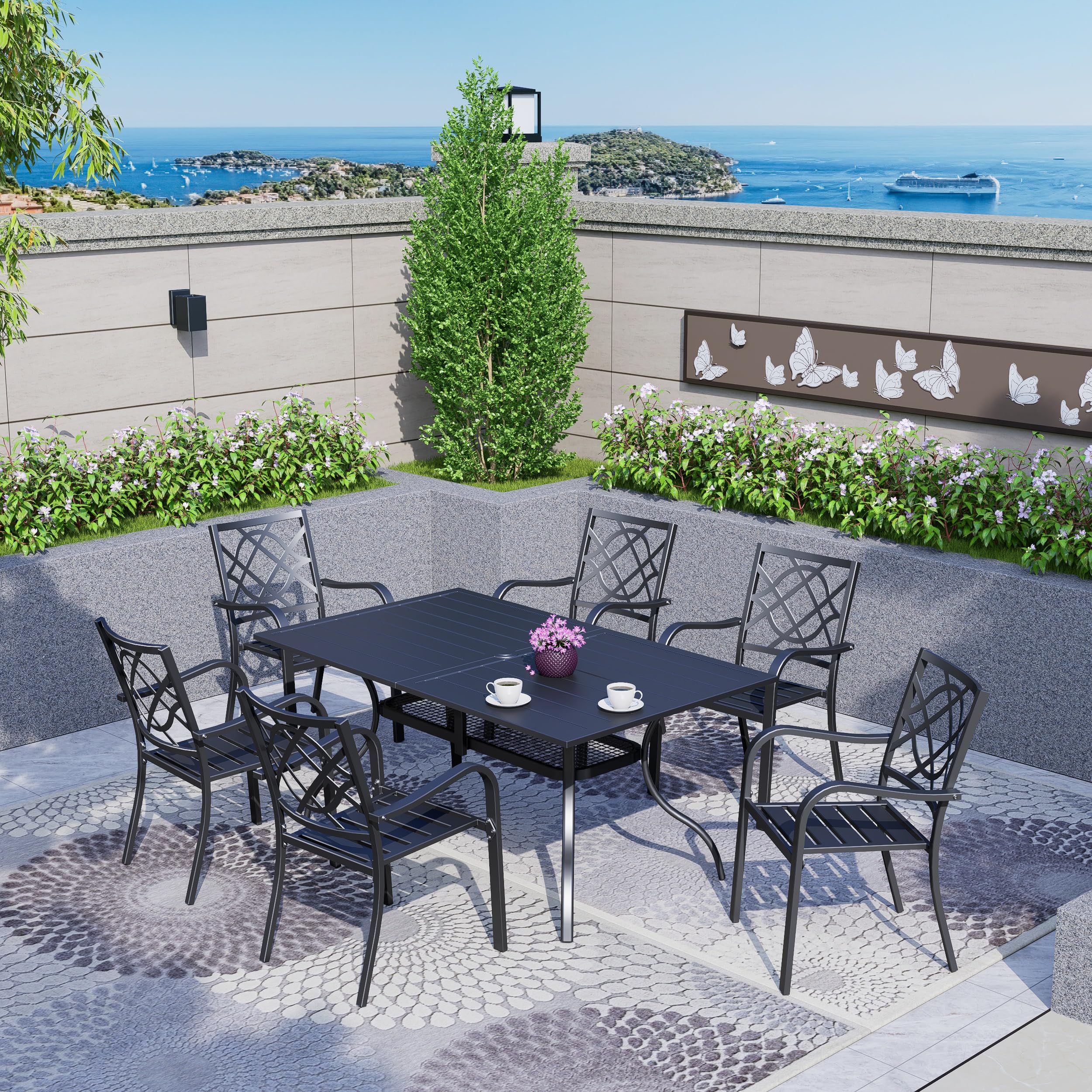 Patiomore 7 Piece Outdoor Patio Dining Set, Metal Furniture Set Rectangular Slatted Dining Table with Umbrella Holes & 6 Stackable Backyard Garden Chairs