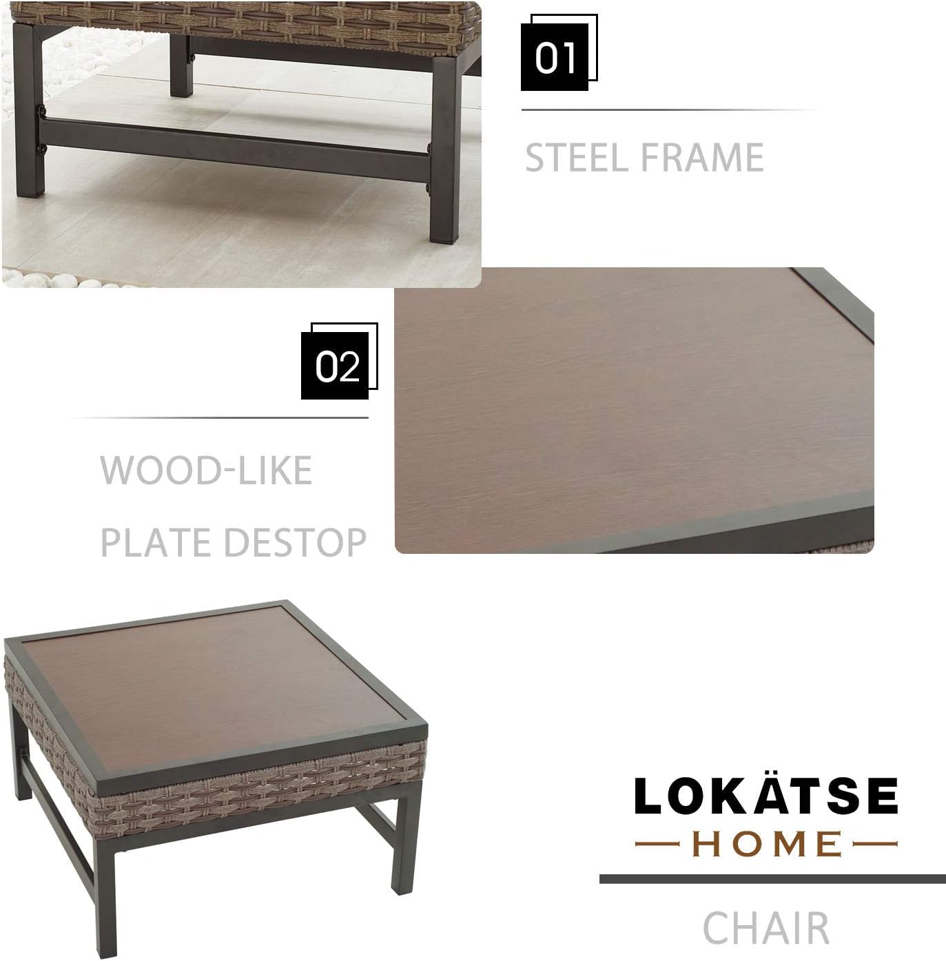 LOKATSE HOME Outdoor Patio Dining Square Bistro Coffee Side Slatted Metal Steel Wicker Frame Aluminum Plastic Plate Furniture End Table for Garden Lawn Poolside, Grey