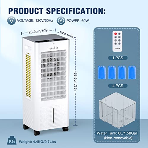 Grelife Portable Evaporative Air Cooler, 3-IN-1 Air Cooler with Fan & Humidifier, 1.58Gal Water Tank for Bedroom Room Office Garage
