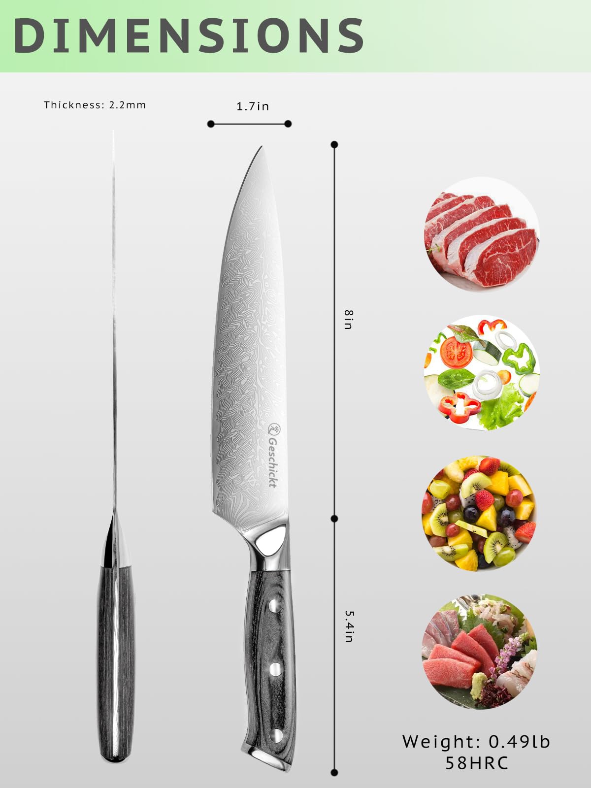 Geschickt Chef knife, Kitchen Knife 8'' with Improved Thicker Handle for Comfort & Balance, Razor Sharp Forged Full Tang Knife, High Carbon Stainless Steel, Ergonomic Design, Grey